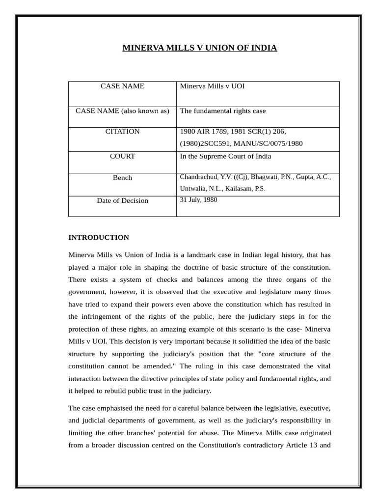 Minerva Mills Case: Basic Structure Doctrine | PDF | Constitution | Justice