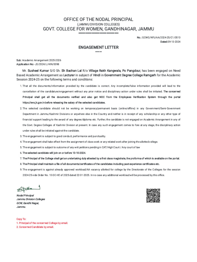 Engagement Order of Susheel Kumar(JD_2024_L_HIN_0098) for AA Jammu Division 2024-25 | PDF ...