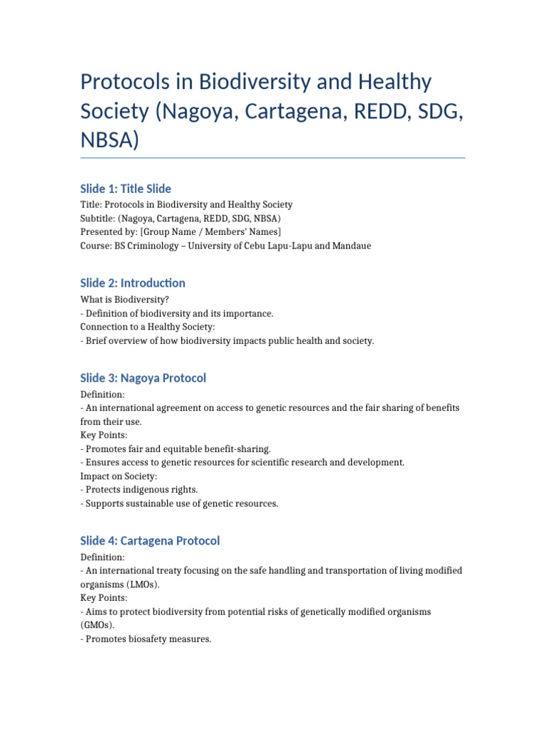Protocols in Biodiversity and Healthy Society | PDF | Sustainability ...