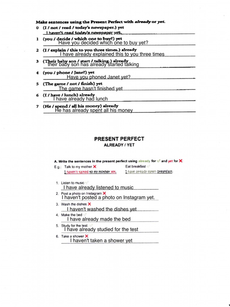Present Perfect Already and Yet Activity | PDF
