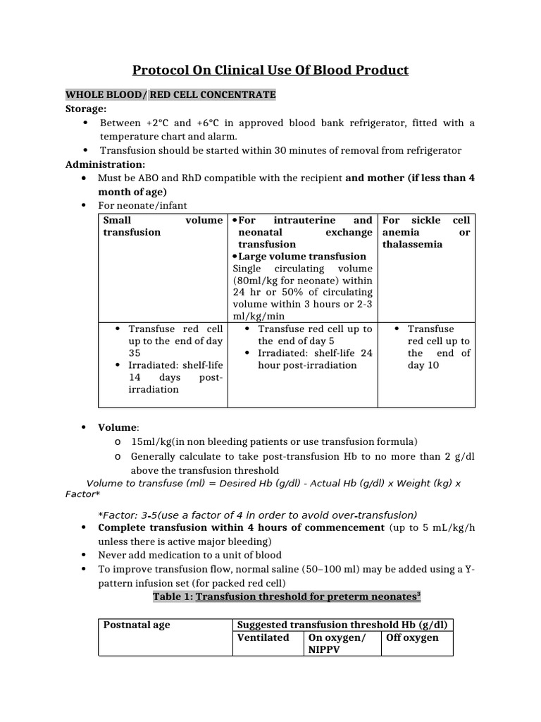Protocol on Blood Product | PDF | Blood Transfusion | Bleeding