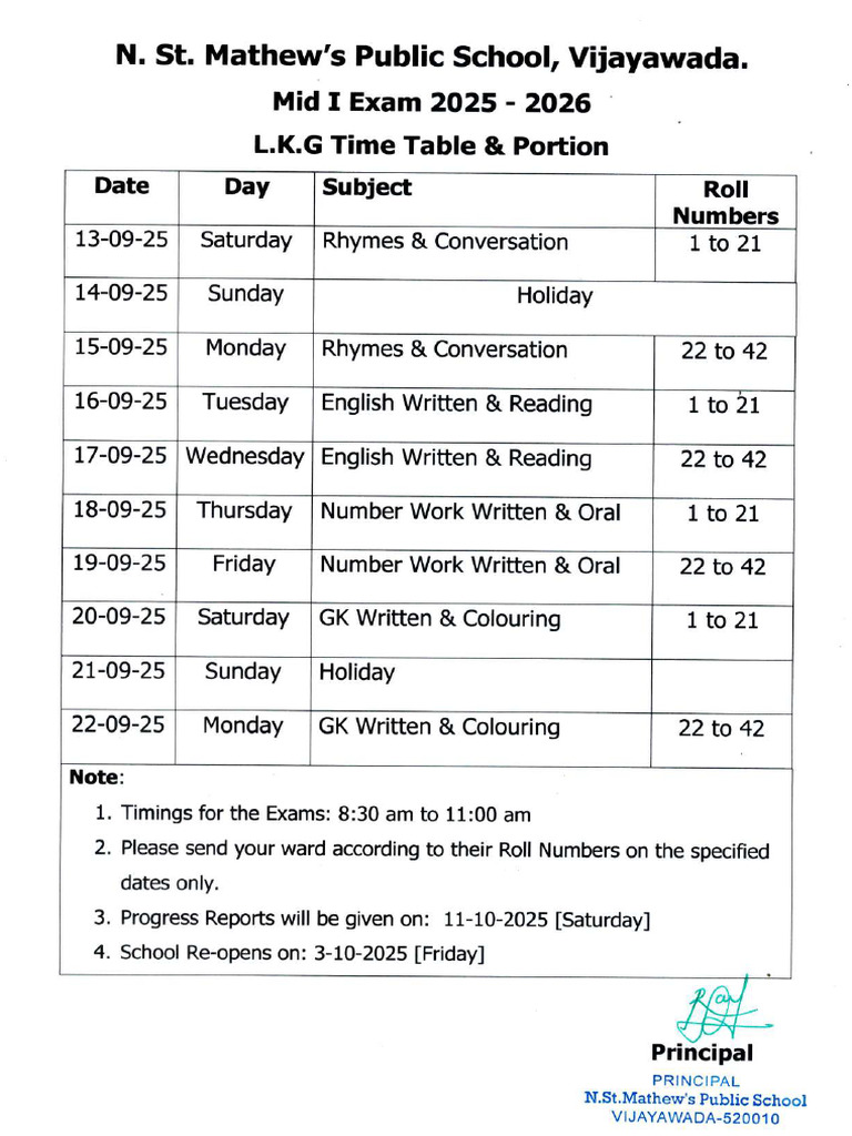 LKG - Mid 1 Exam Time Table 2025-2026 | PDF