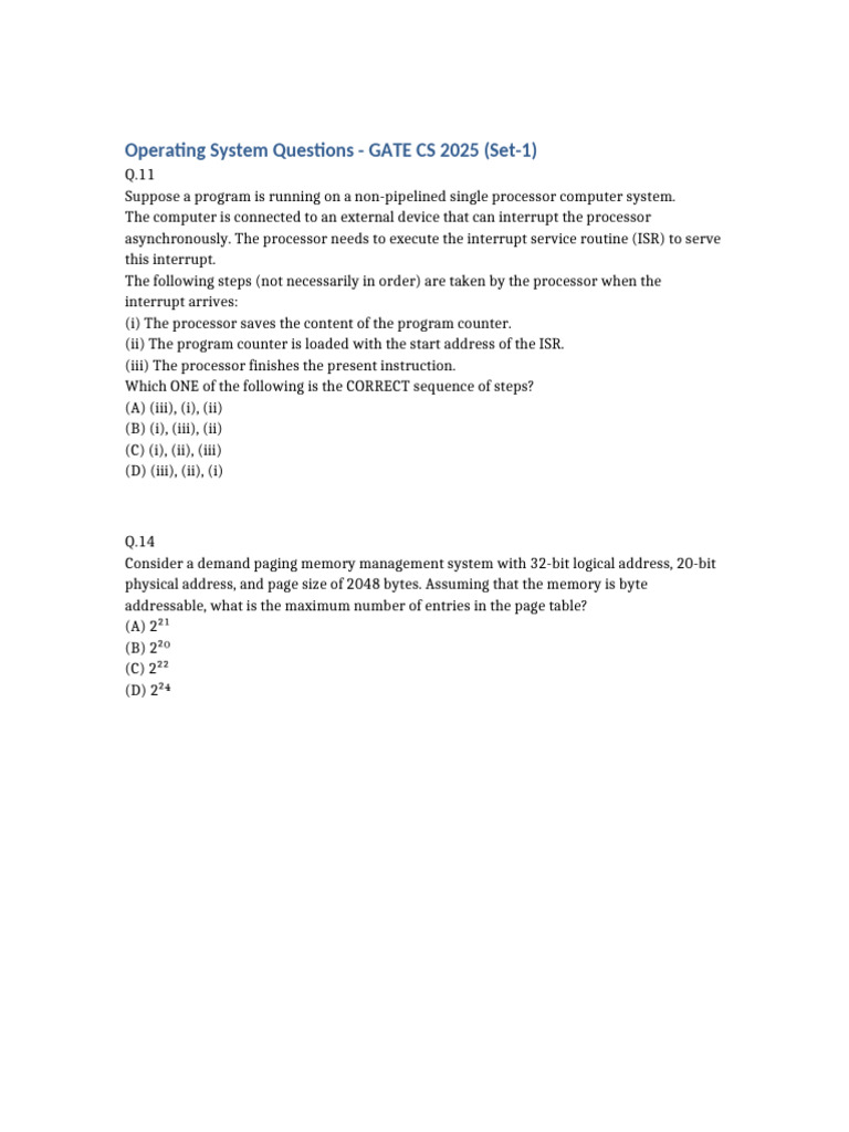 GATE CS 2025 OS Questions Set-1 | PDF