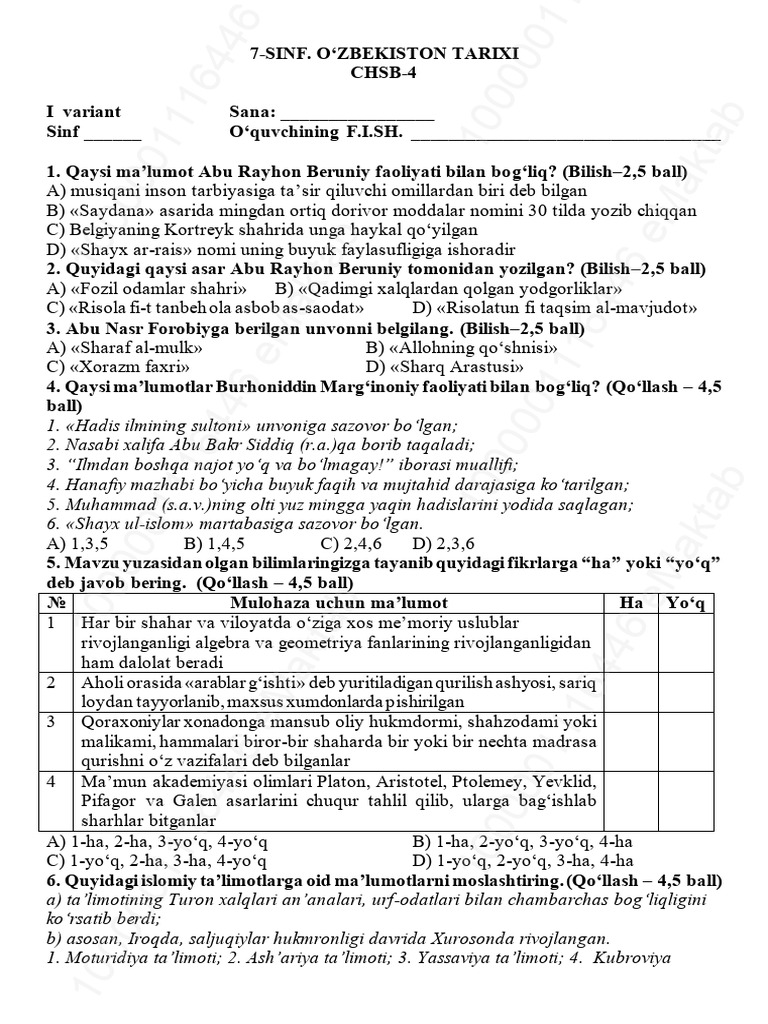 7-Sinf. O'Zbekiston Tarixi. CHSB-4 | PDF