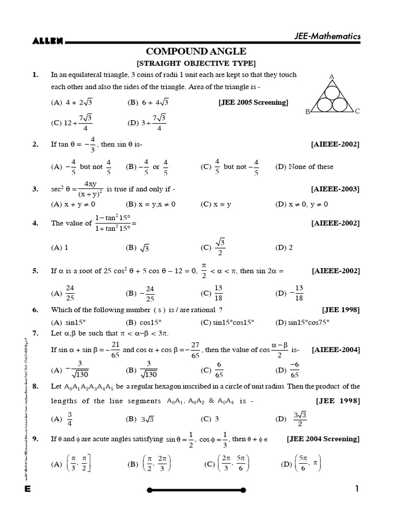 Compound Angle Exercises for JEE | PDF | Circle | Triangle