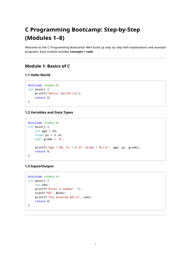 C Bootcamp - Step by Step With Code (Modules 1-8) | PDF | Pointer (Computer Programming ...