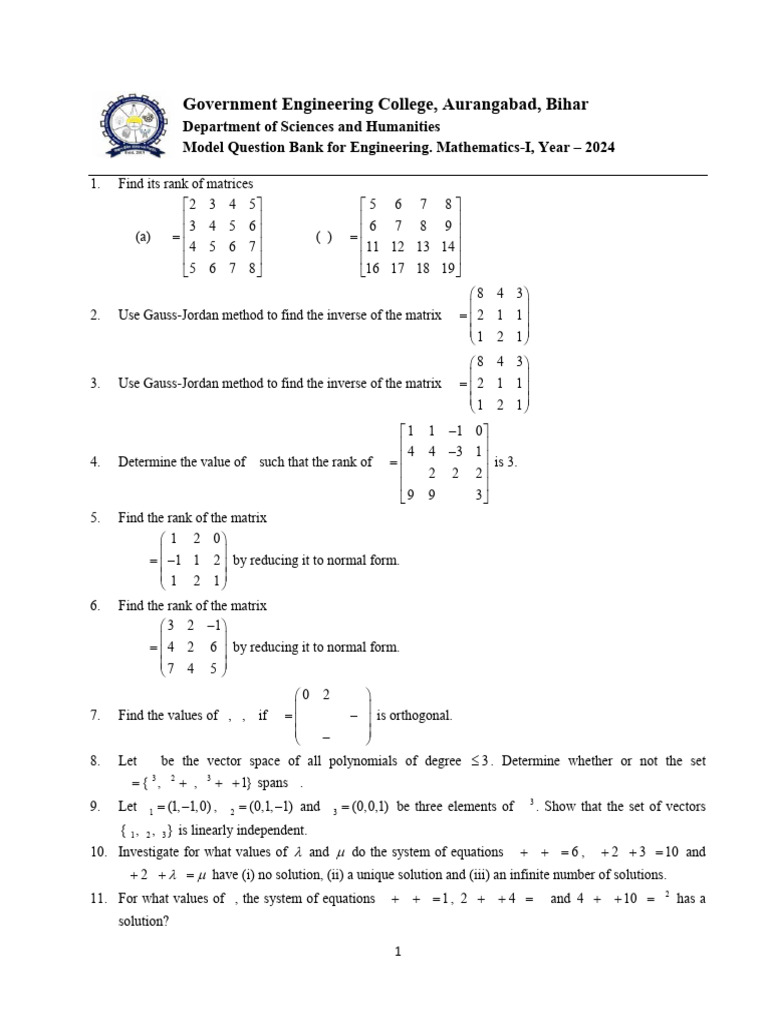 Engg. Mathematics - I Assignment I | PDF | Matrix (Mathematics) | Eigenvalues And Eigenvectors