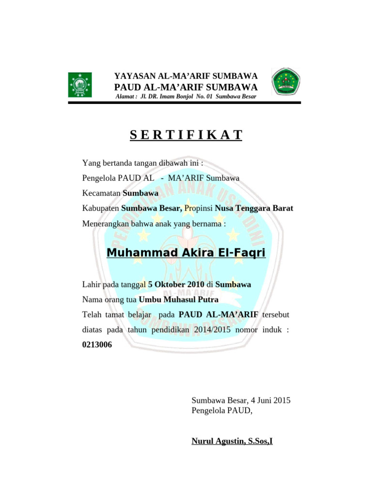 Contoh Sertifikat | PDF