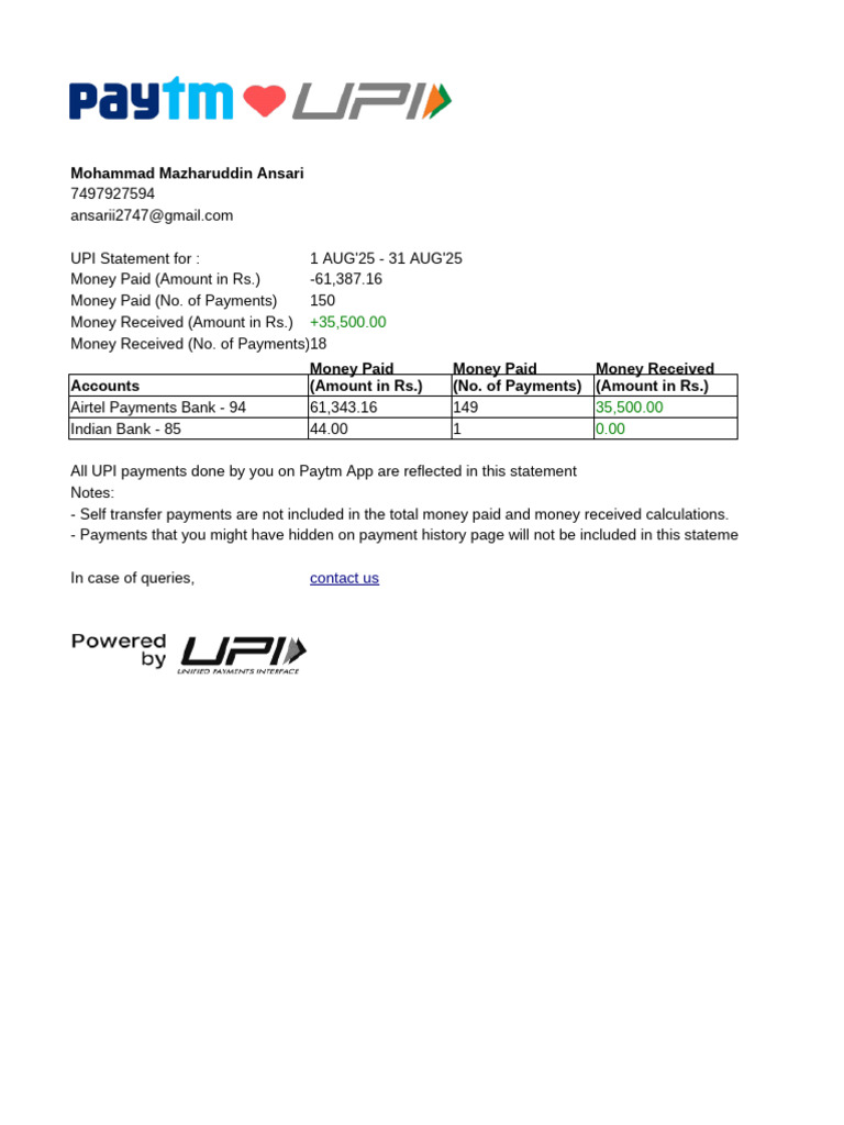 Paytm UPI Statement August 2025 | PDF | Receipt | Grocery Store