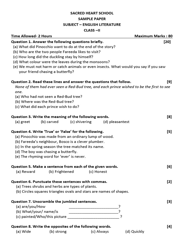 Class - 2 Eng II Sample Question Paper | PDF