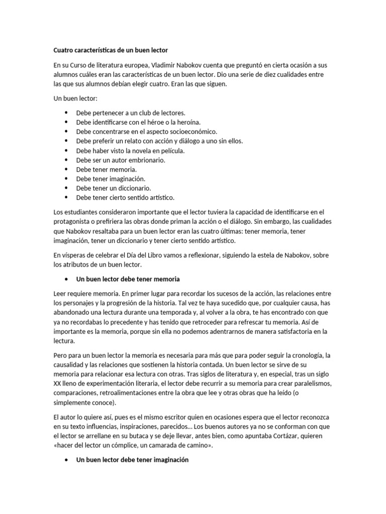 Cuatro Características de Un Buen Lectorr | PDF | Autor | Escritores