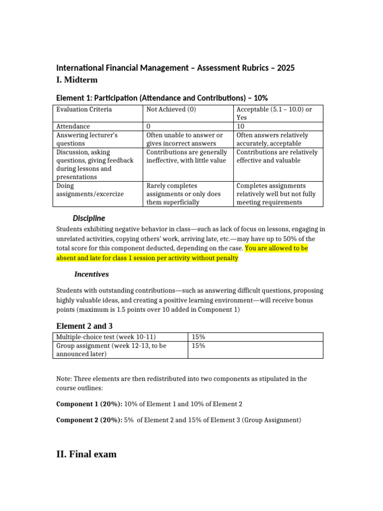 International Financial Management Assessment Rubrics 2025 | PDF