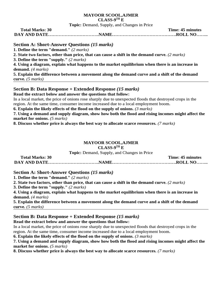 Ct-1 (Topic - Demand and Supply) | PDF | Demand | Supply And Demand