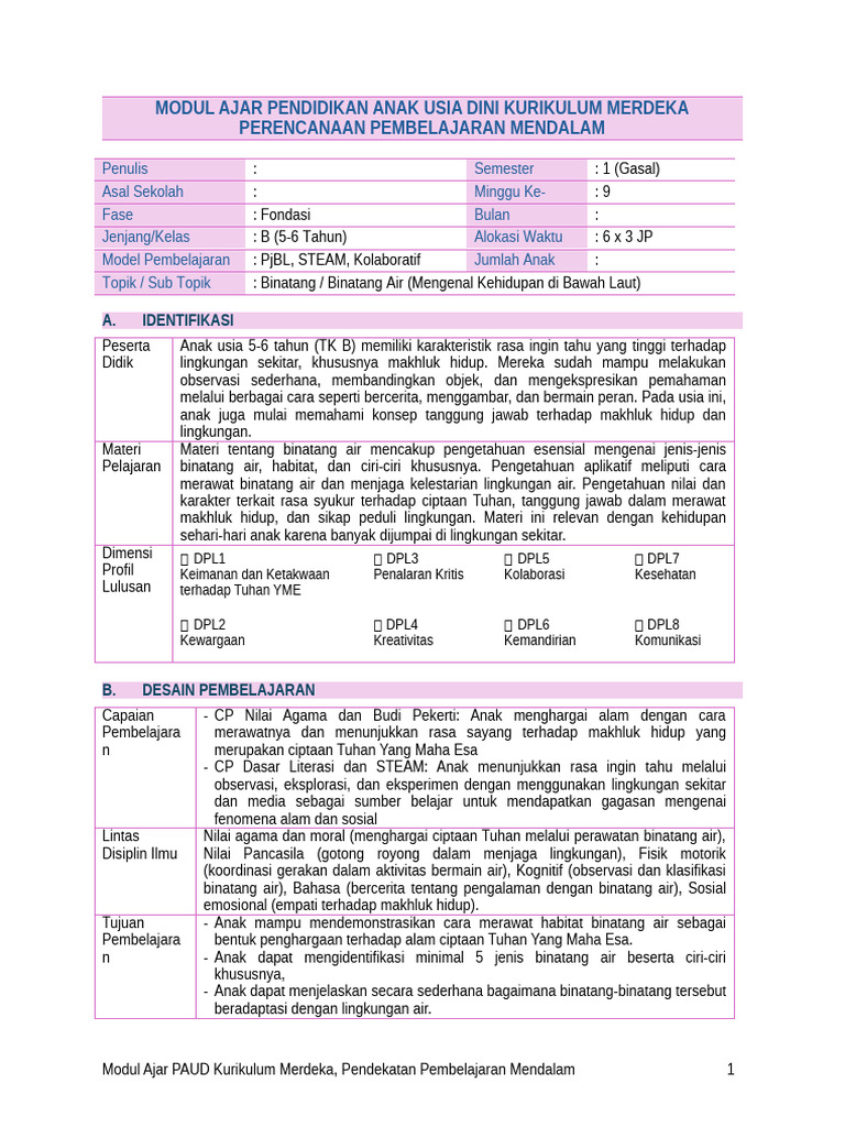 Modul Ajar Binatang Air PAUD | PDF