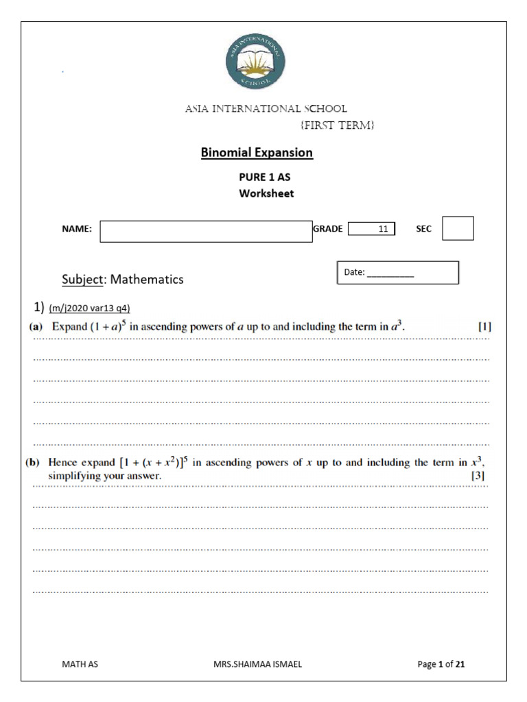 Binomial Expansion Worksheet Asia | PDF | Mathematics