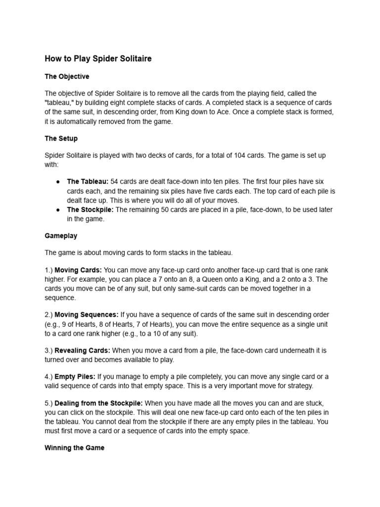 How To Play Spider Solitaire Rules Pdf Card Games Gaming Devices