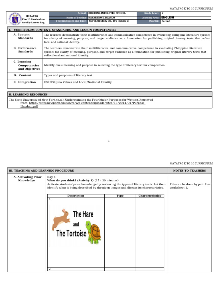 DLL Matatag - English 7 Q2 W5 | PDF | Curriculum | Concept