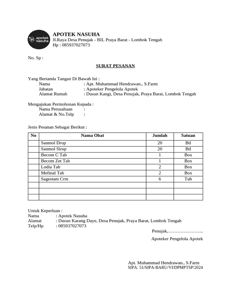 Surat Pesanan Obat Apotek Nasuha | PDF