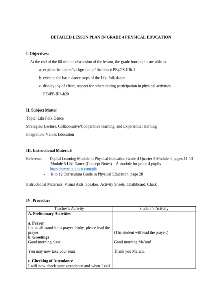 Liki Folk Dance Lesson Plan for Grade 4 | PDF | Lesson Plan | Physical ...