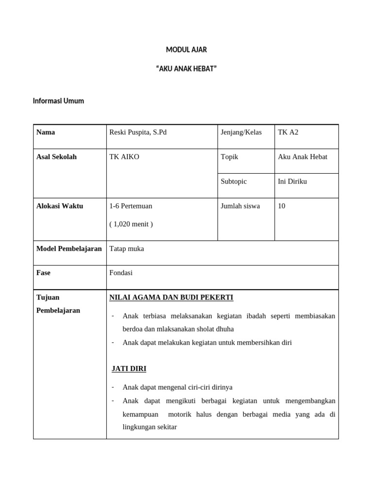 Modul Ajar TK A2: Aku Anak Hebat | PDF