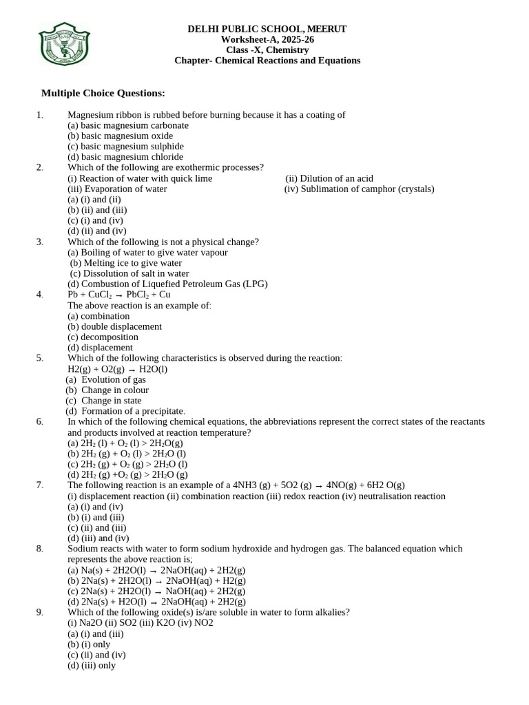 DPS Worksheet A Grade X Ch1 Chemistry | PDF | Chemical Reactions ...