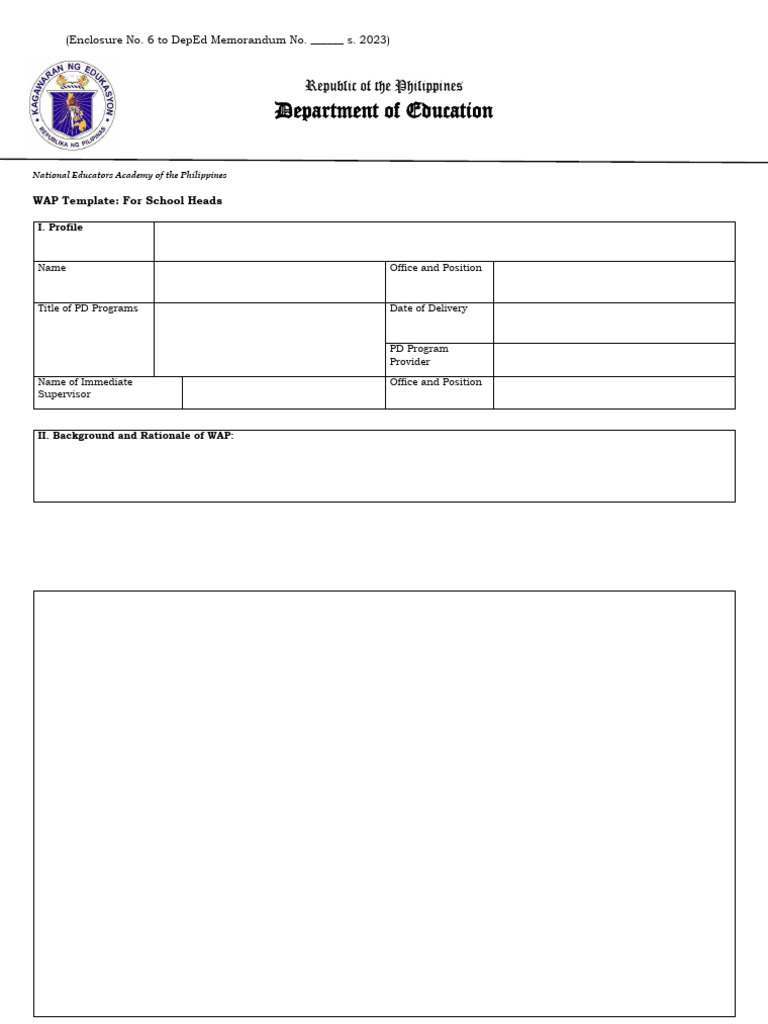 WAP Template for School Heads 2023 | PDF | Cognition | Learning