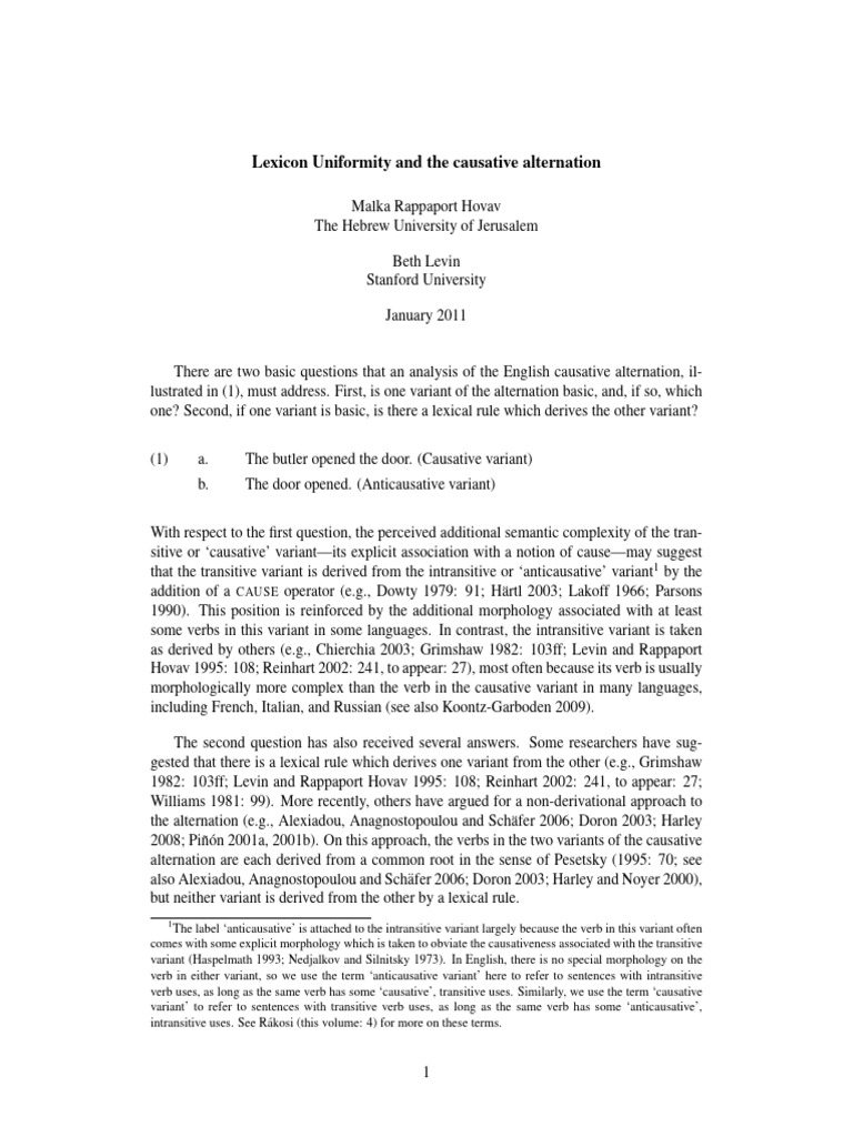 Levin & Rappaport. Lexicon Uniformity and Causative Alternation | PDF ...