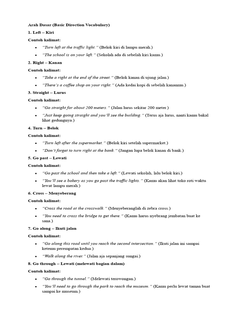 Basic Direction Vocabulary in Indonesian | PDF