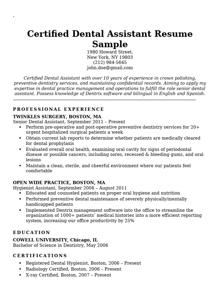 Certified Dental Assistant Resume Sample | PDF