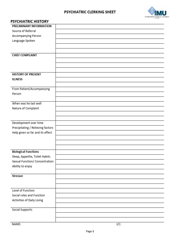 Psychiatric Clerking Sheet Template | PDF | Medical Specialties ...
