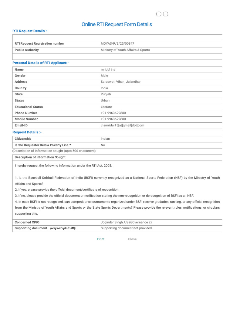 RTI Online - Request - Appeal Form Details | PDF