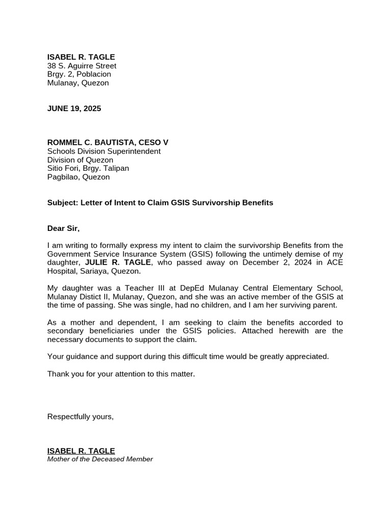 GSIS Survivorship Benefits Claim Letter | PDF
