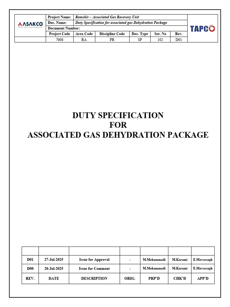 Duty Spec for Gas Dehydration Package | PDF | Natural Gas | Water