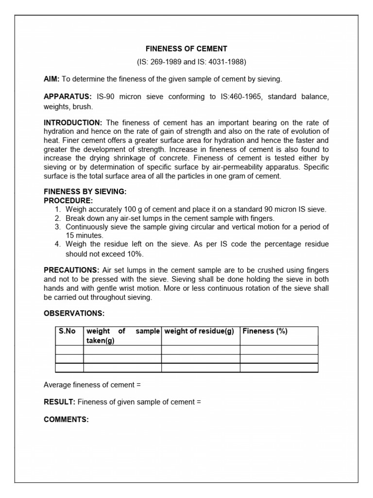 Cement Fineness Testing Procedure | PDF