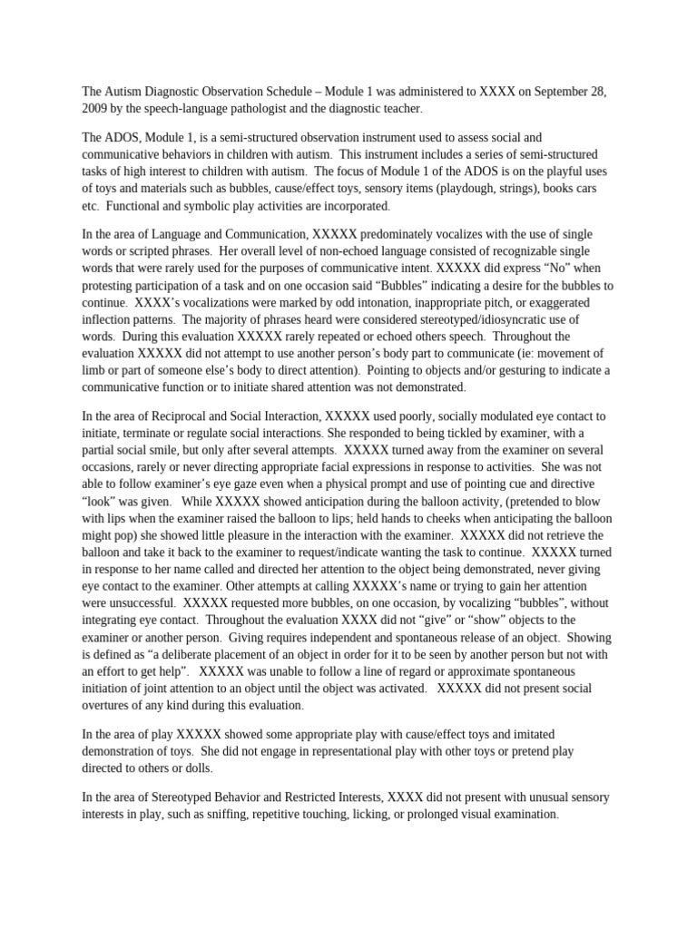 Ados Module 1 Report Example | PDF | Autism | Neuroscience