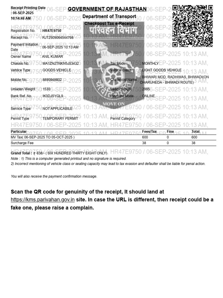 Rajasthan Checkpost Tax e-Receipt | PDF | Payments
