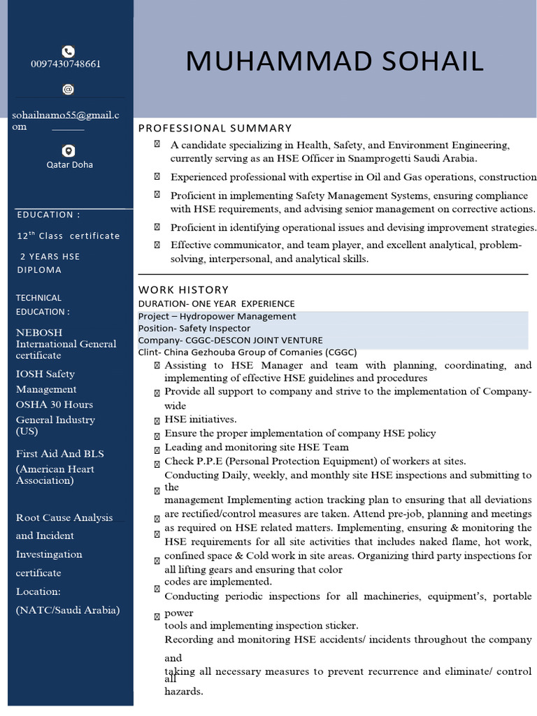HSE Officer - Muhammad Sohail CV - PDF - 20250726 - 225026 - 0000 | PDF | Occupational Safety ...