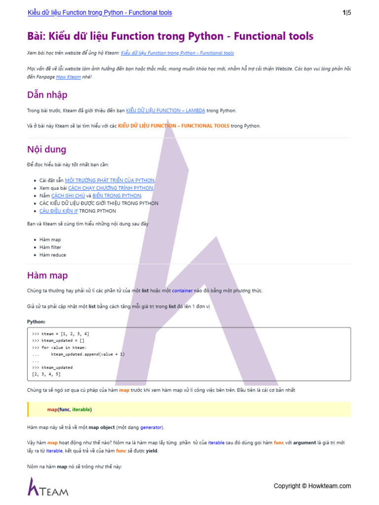 HOWKTEAM.vn - Kiểu Dữ Liệu Function Trong Python - Functional Tools | PDF