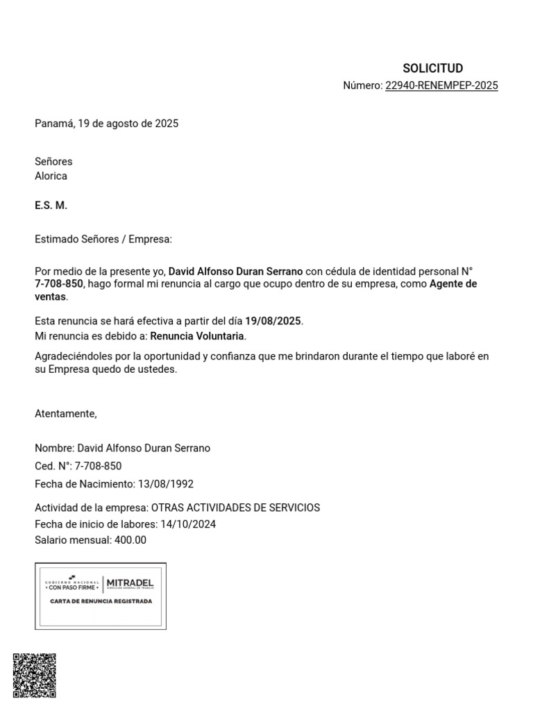 Renuncia Voluntaria de David Duran | PDF