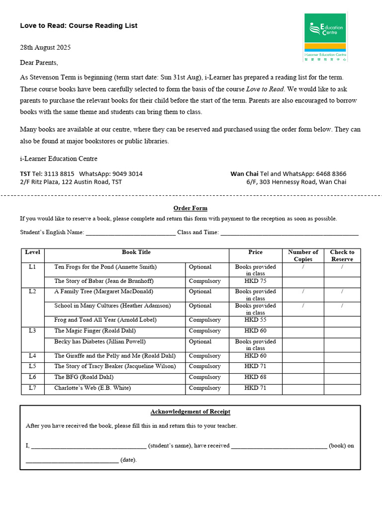 LTR Letter To Parents (Stevenson) (With Book Order Form) - 1 | PDF | Frog
