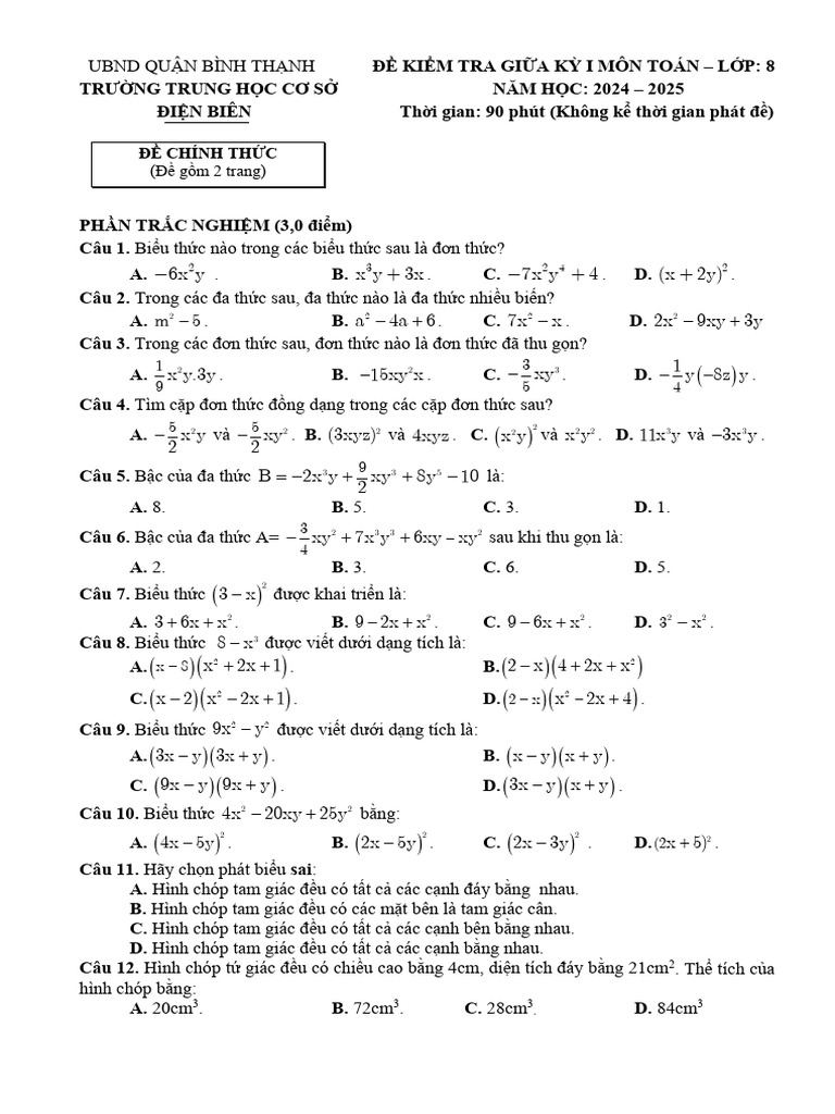 De Giua Ky 1 Toan 8 Nam 2024 2025 Truong Thcs Dien Bien Tp Hcm Trang 1 Đã Gộp (1) | PDF