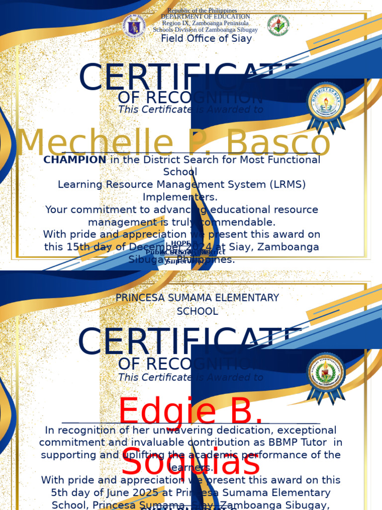 Certificate of Recognition Awards 2024-2025 | PDF