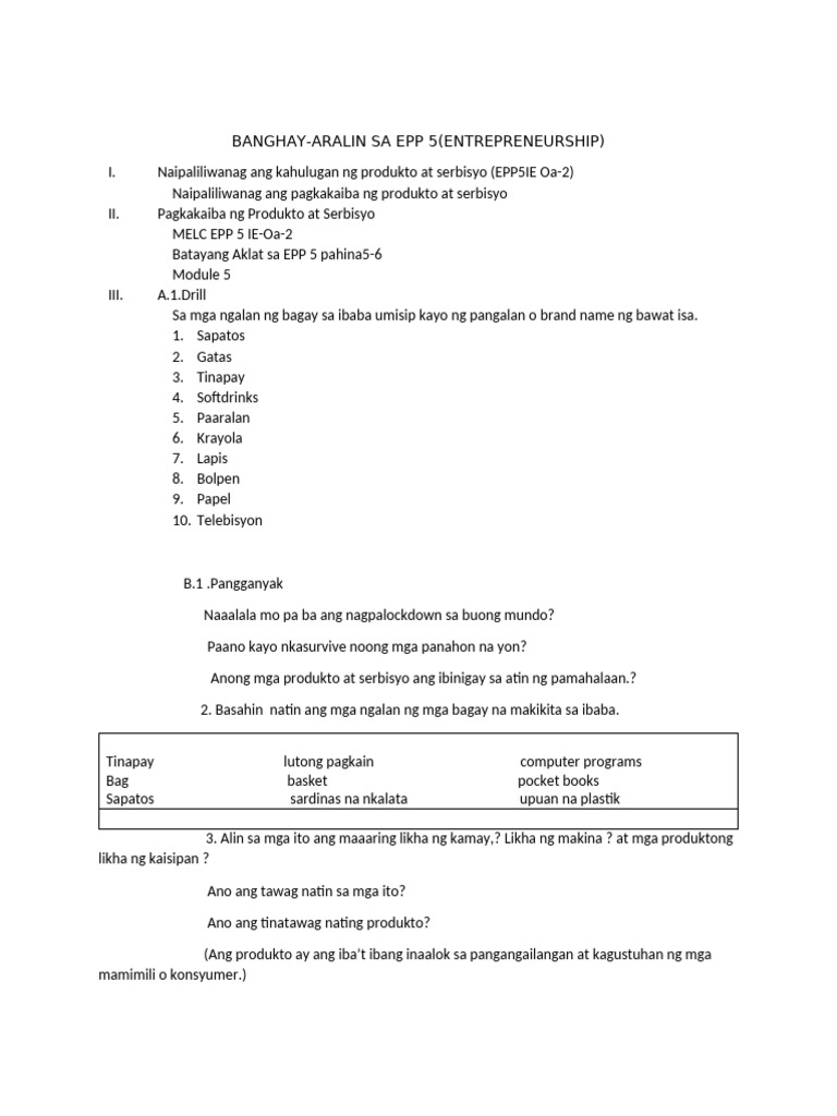 Banghay Aralin Sa EPP 5 3rd Q COT | PDF