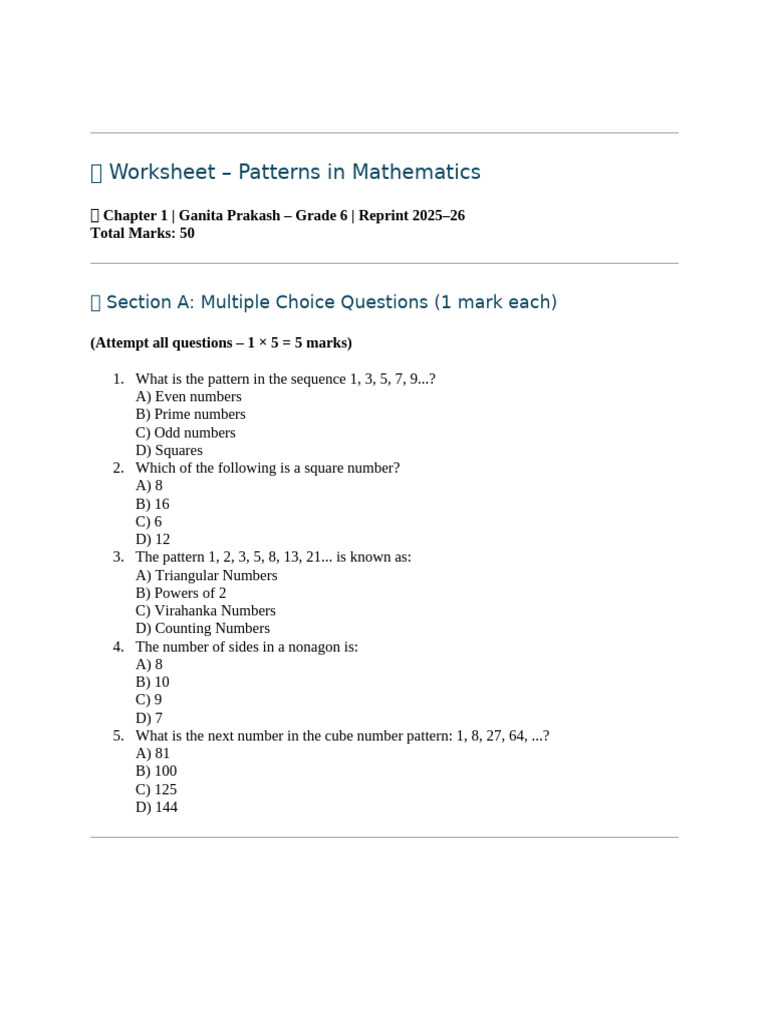 Chapter 1 - Patterns in Mathematics - Worksheet | PDF | Elementary ...