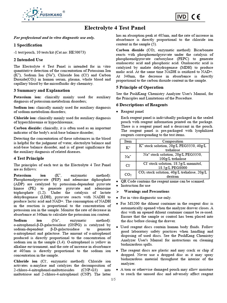 Electrolyte 4 Test Panel Overview | PDF | Blood Plasma | Chloride