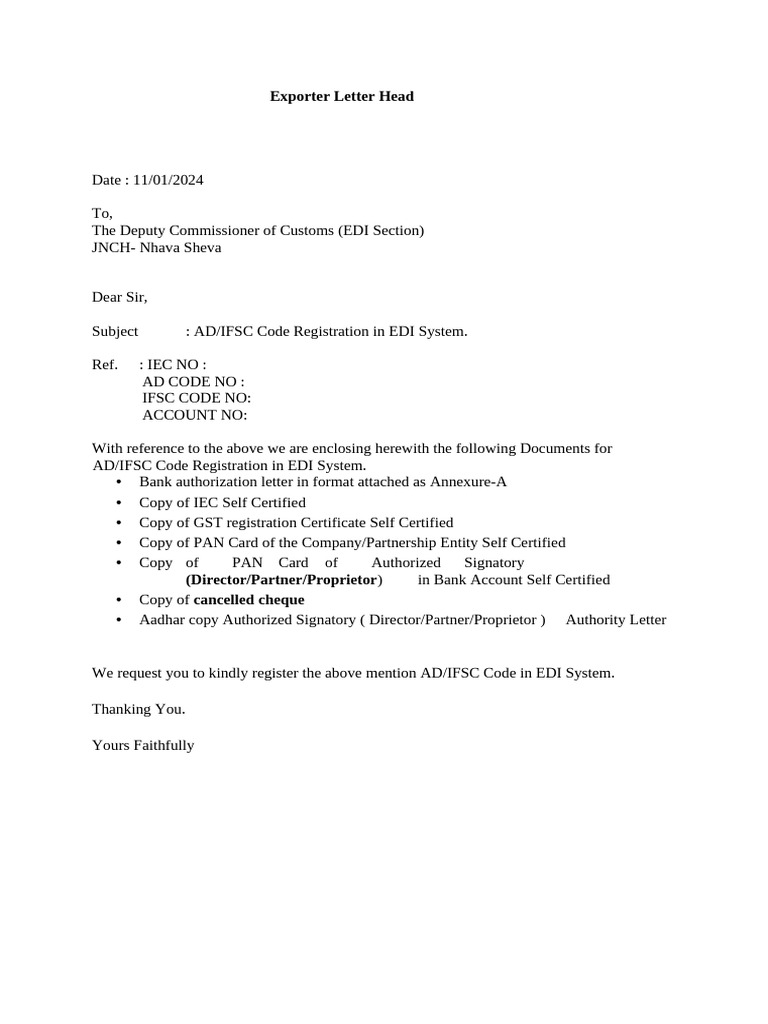 AD/IFSC Code Registration Request Letter | PDF