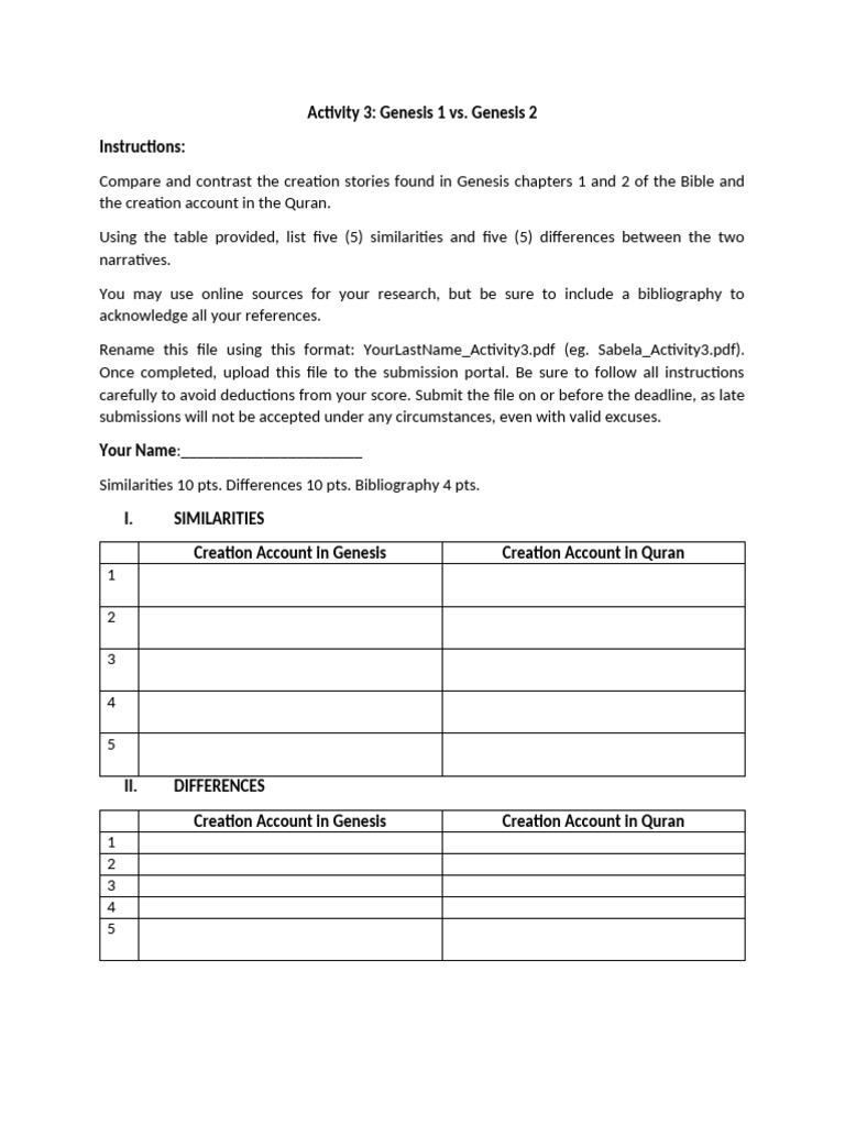 Activity 3 On Genesis Vs Islamic | PDF