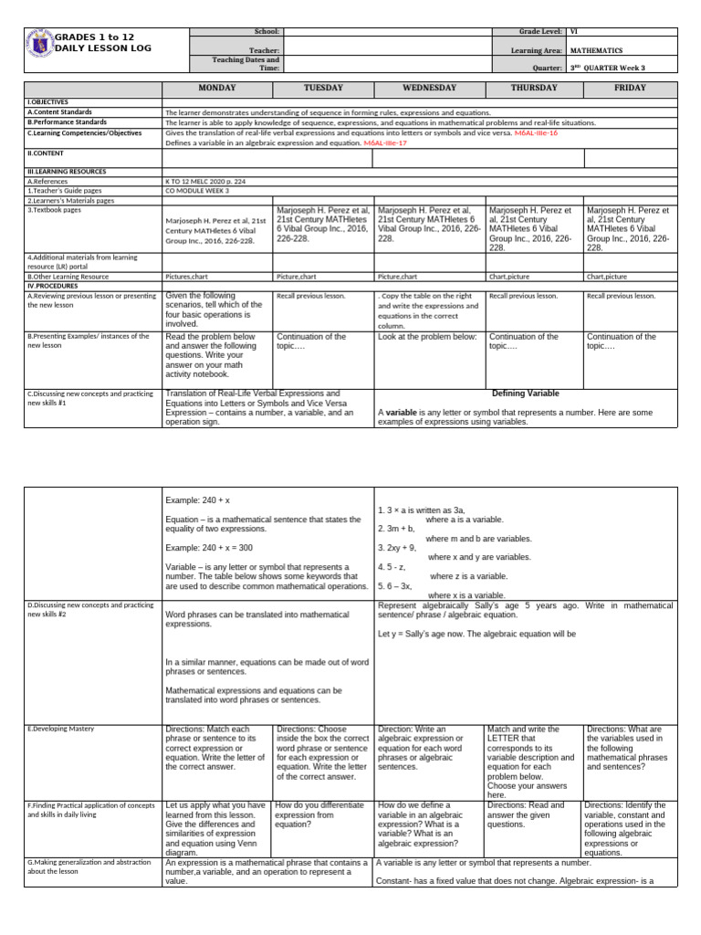 Daily Lesson Log: Grade 6 Math | PDF | Equations | Variable (Mathematics)