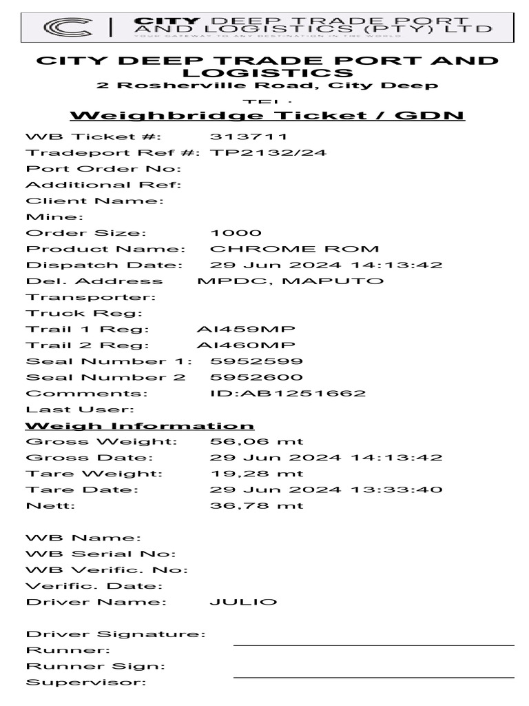 Weighbridge Ticket for Chrome ROM Delivery | PDF