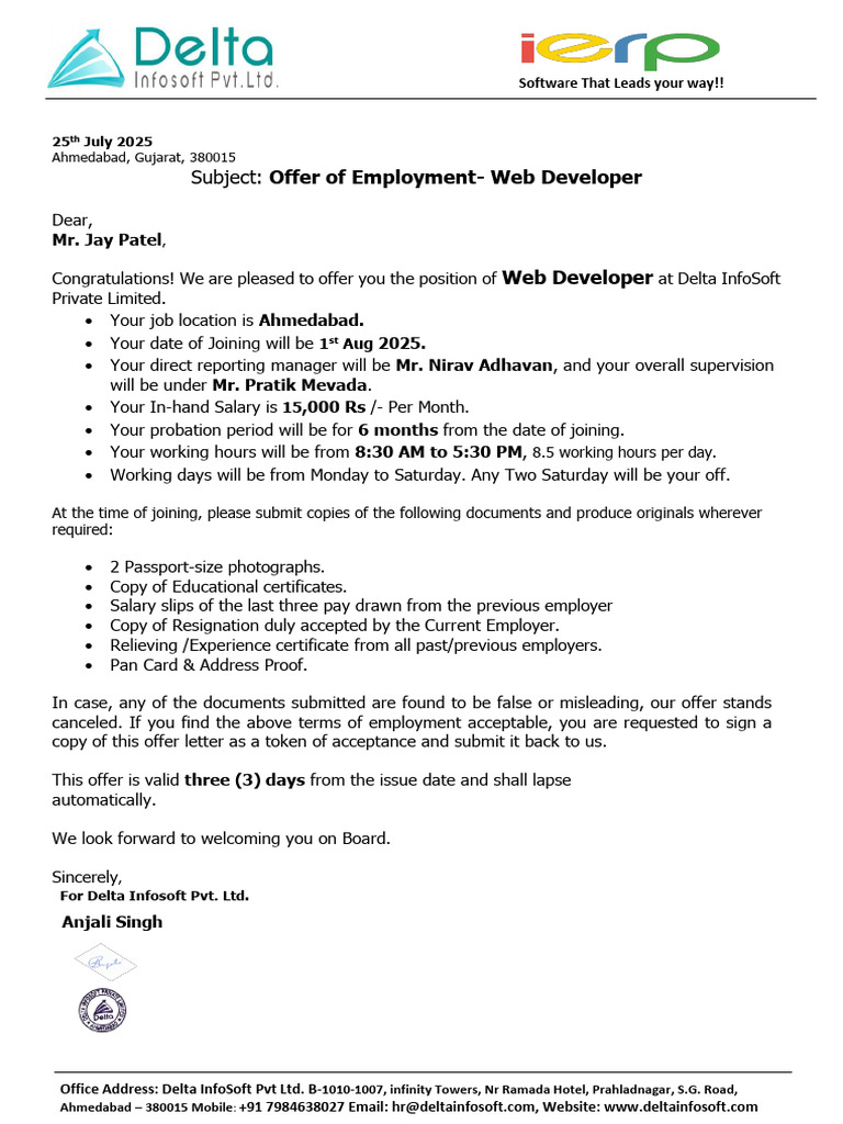 Jay Patel Offer Letter | PDF